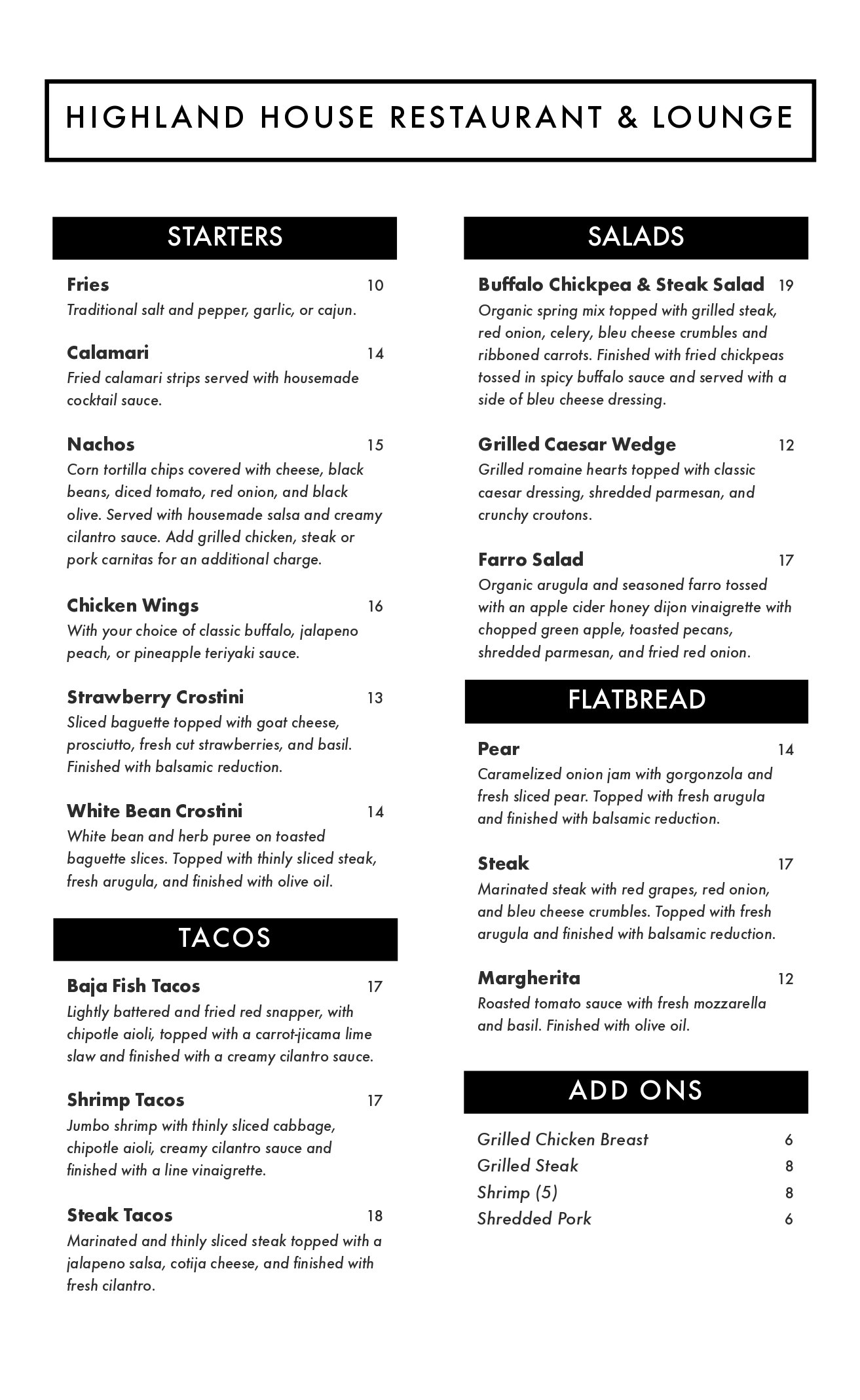 Menu - Mount Shasta Resort